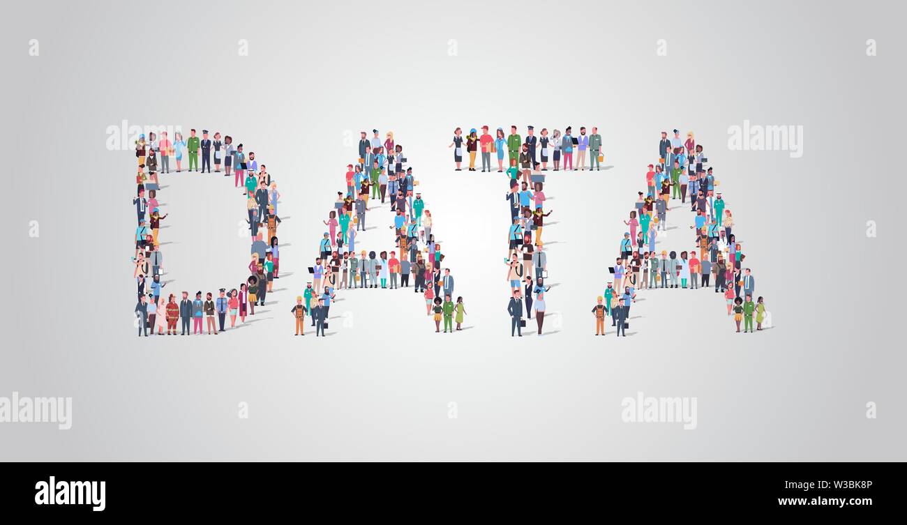 people crowd gathering in shape of data word different occupation ...
