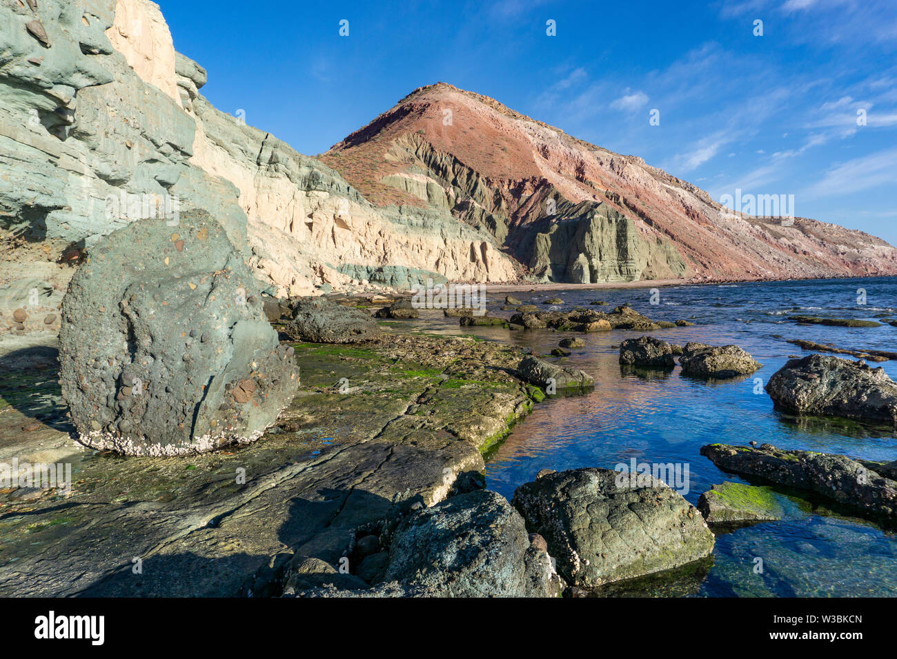 cliff line with multicolored rock formation in the Bay of Cortez ...