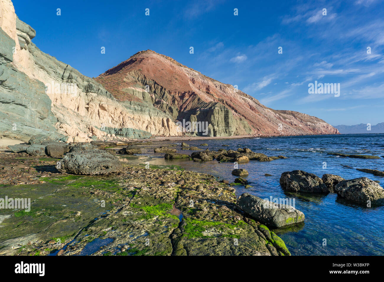 cliff line with multicolored rock formation in the Bay of Cortez ...