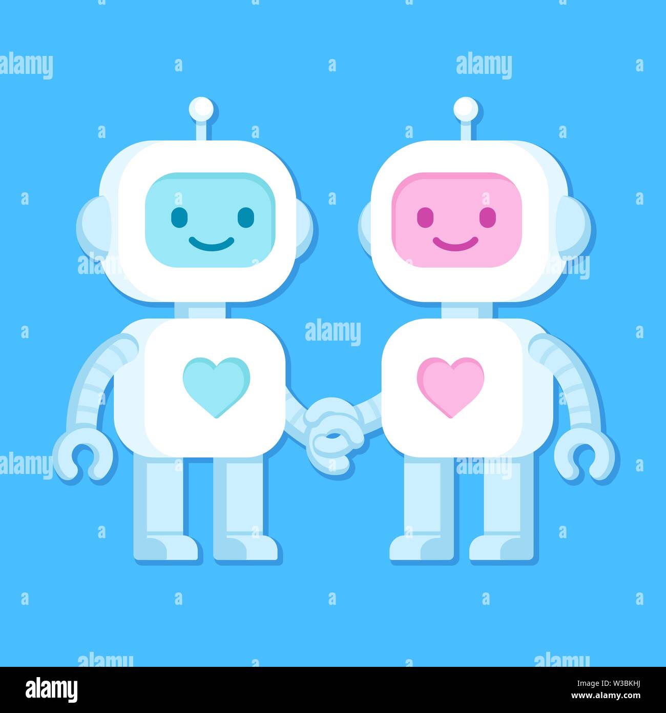 Cute cartoon robots in love. Robot couple, male and female, with heart ...