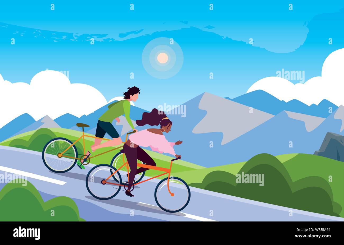 couple riding bike in landscape mountainous for road vector ...