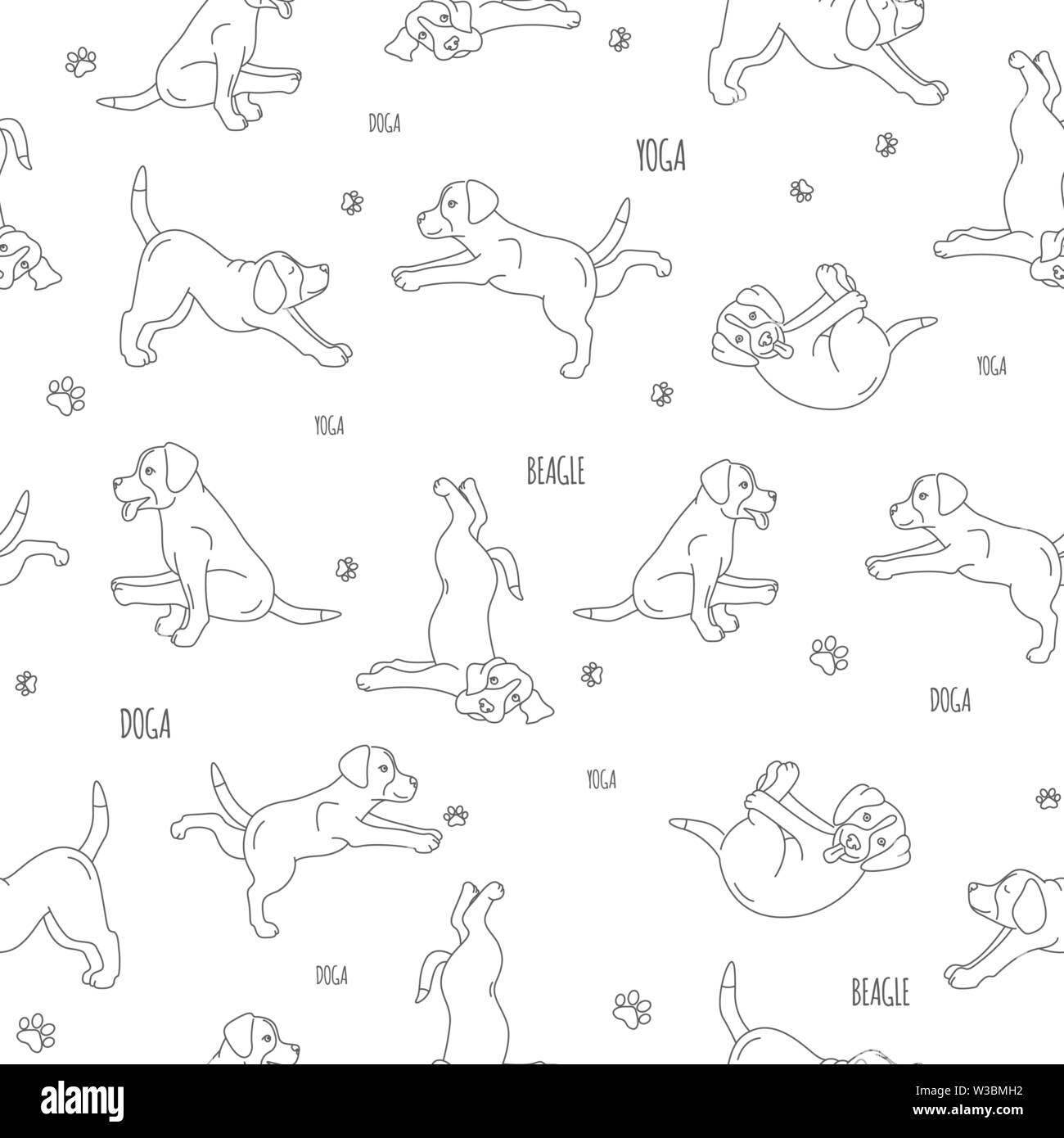 Yoga dogs poses and exercises. Beagle seamless pattern. Vector ...