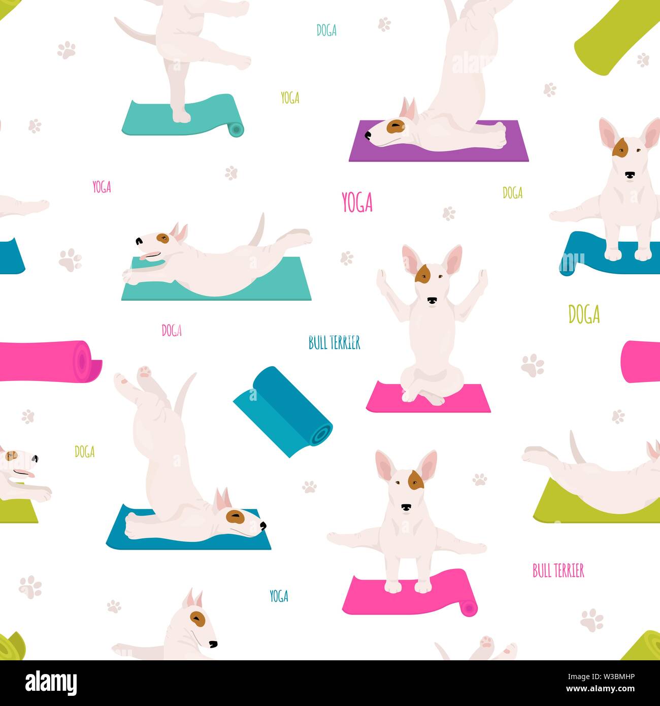 Yoga dogs poses and exercises. Bull terrier seamless pattern. Vector ...