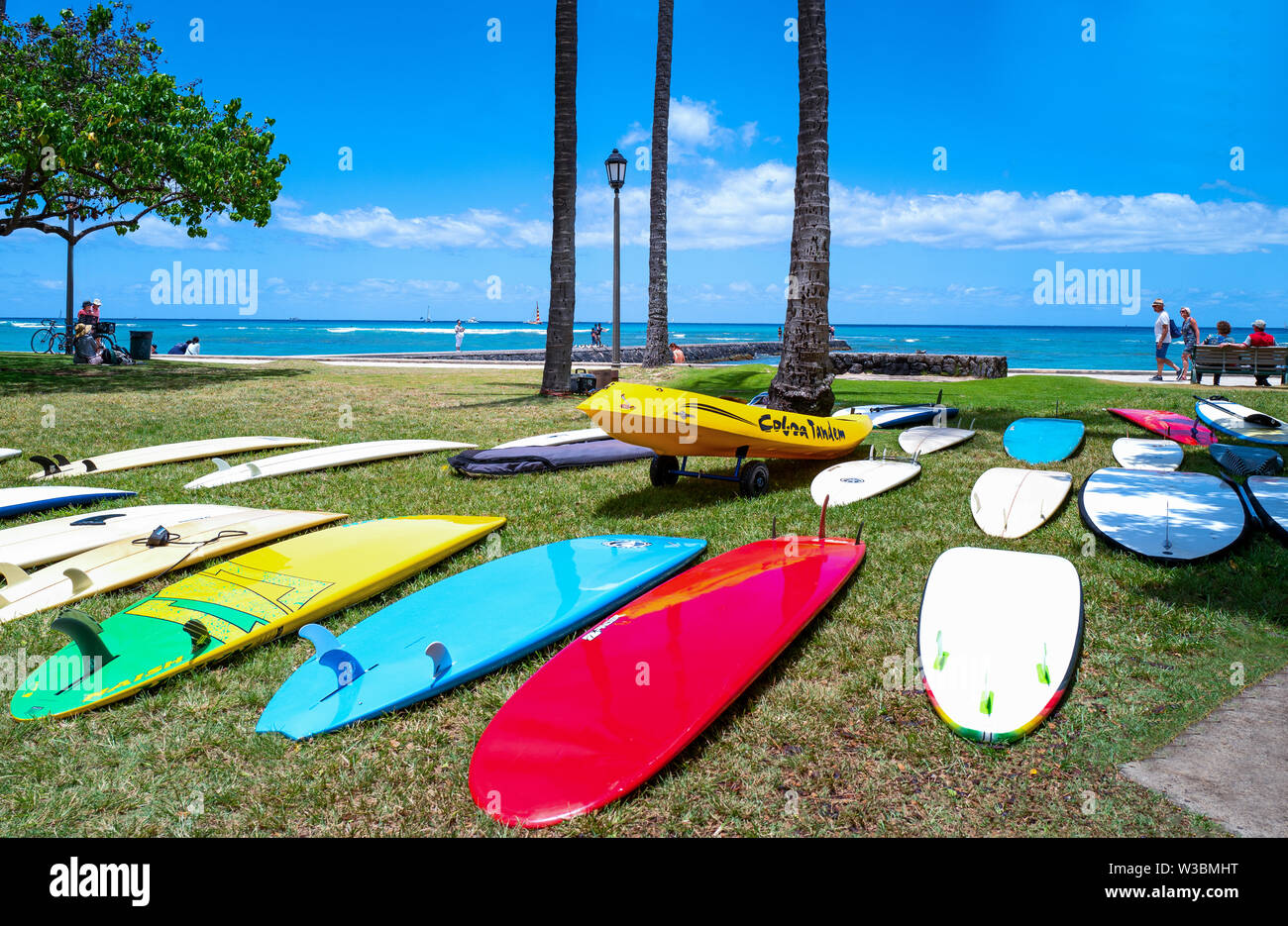 Honolulu, Hawaii - May 5, 2019: Waikiki area, surfboards on the beach ...