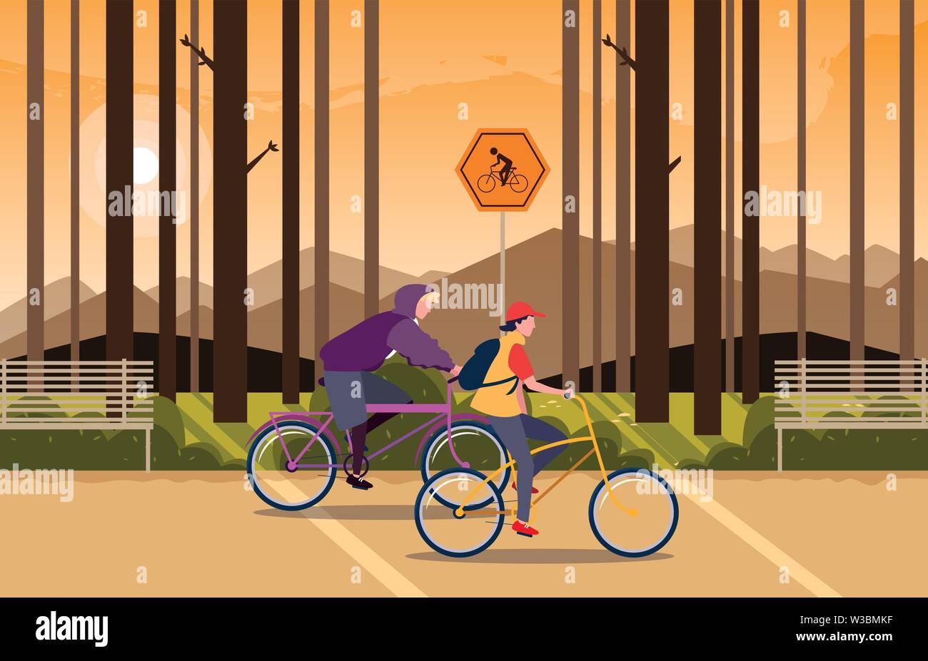 men riding bicycle activity forest landscape background vector ...