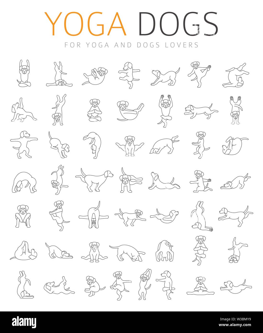 Yoga dogs poses and exercises doing clipart. Funny cartoon simple ...