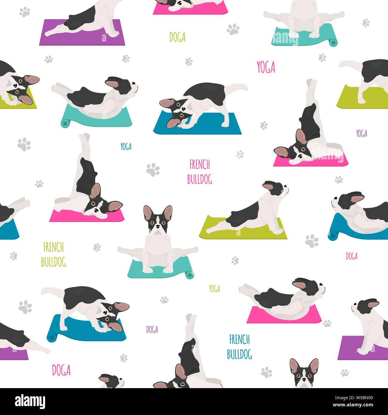 Yoga dogs poses and exercises. French bulldog seamless pattern. Vector ...