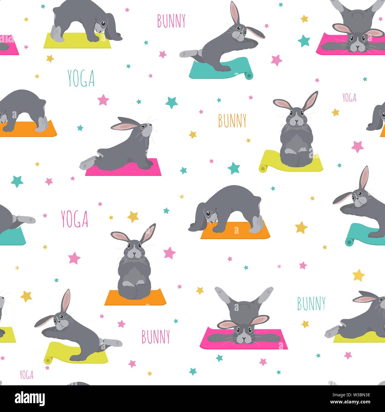 Bunny yoga poses and exercises. Cute cartoon seamless pattern design ...