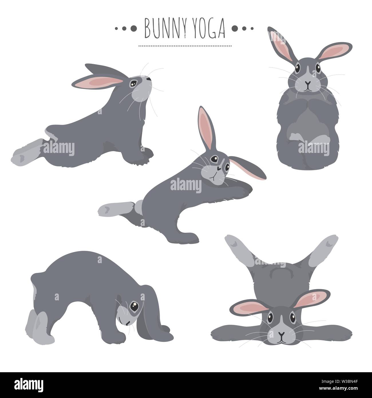 Bunny yoga poses and exercises. Cute cartoon clipart set. Vector ...