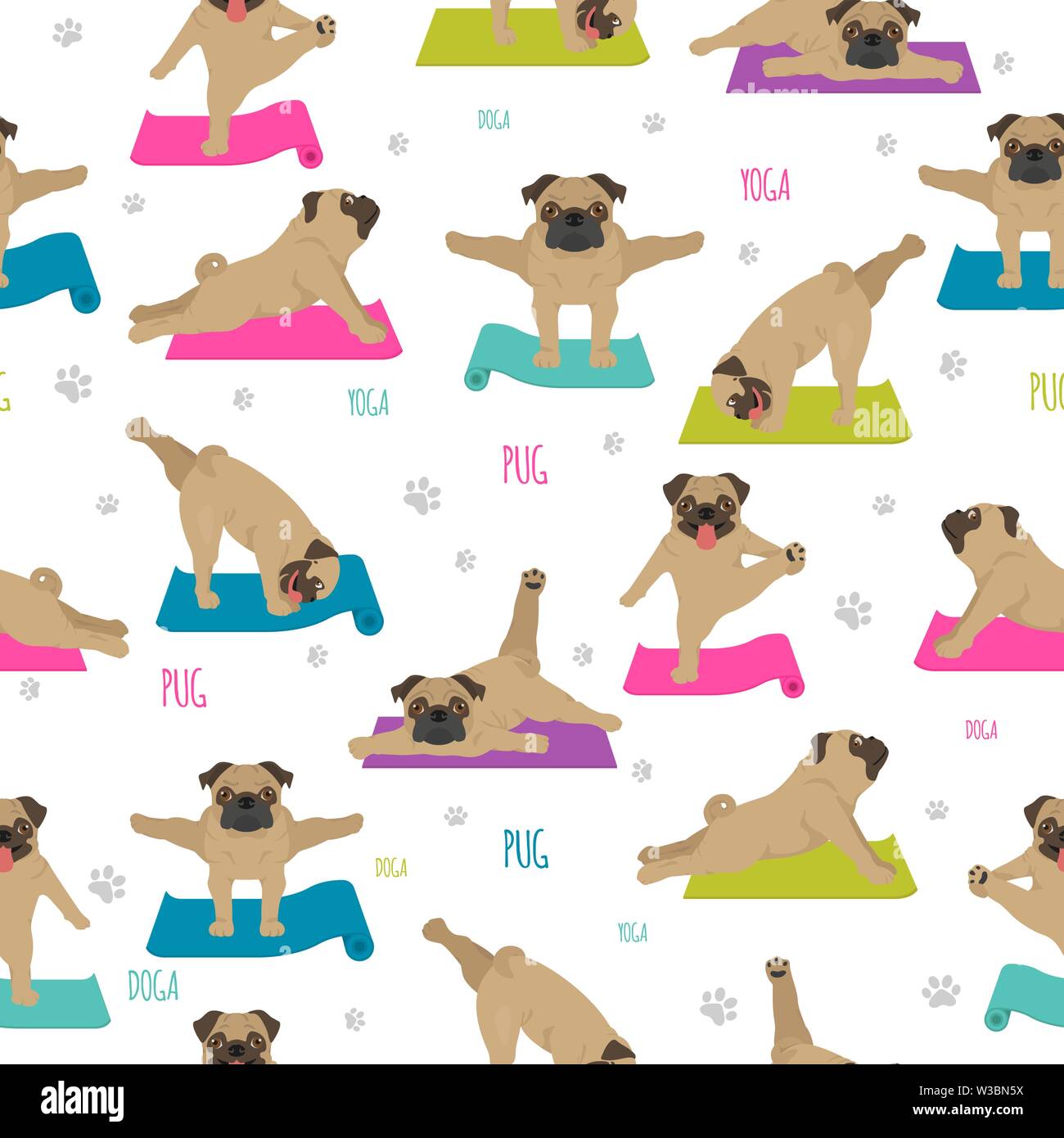 Yoga dogs poses and exercises. Pug seamless pattern. Vector ...
