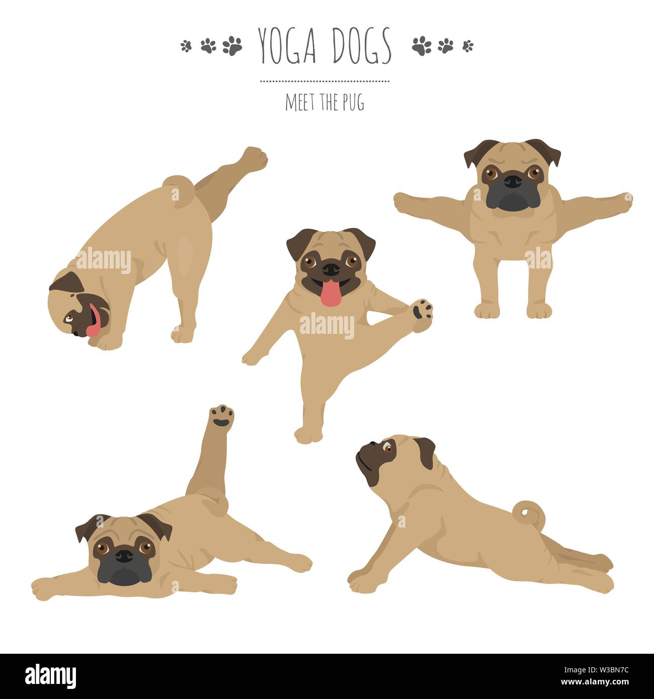 Yoga dogs poses and exercises. Pug clipart. Vector illustration Stock ...