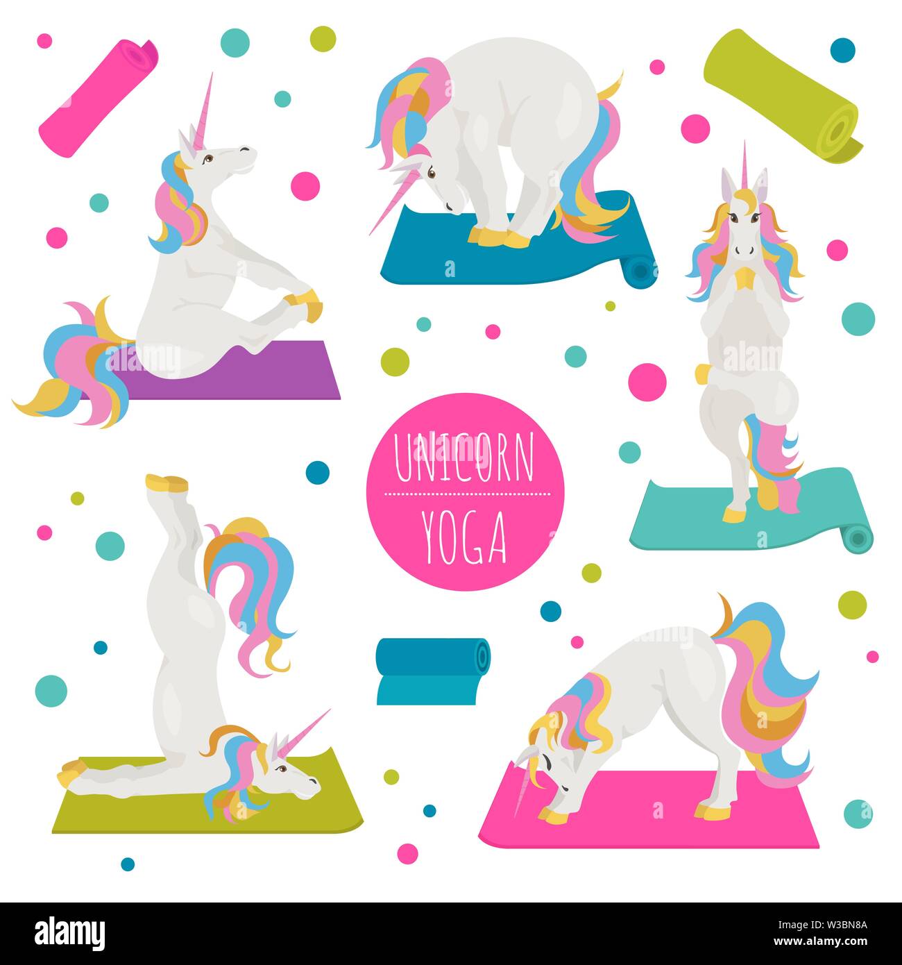 White unicorn yoga poses and exercises. Cute cartoon clipart set ...