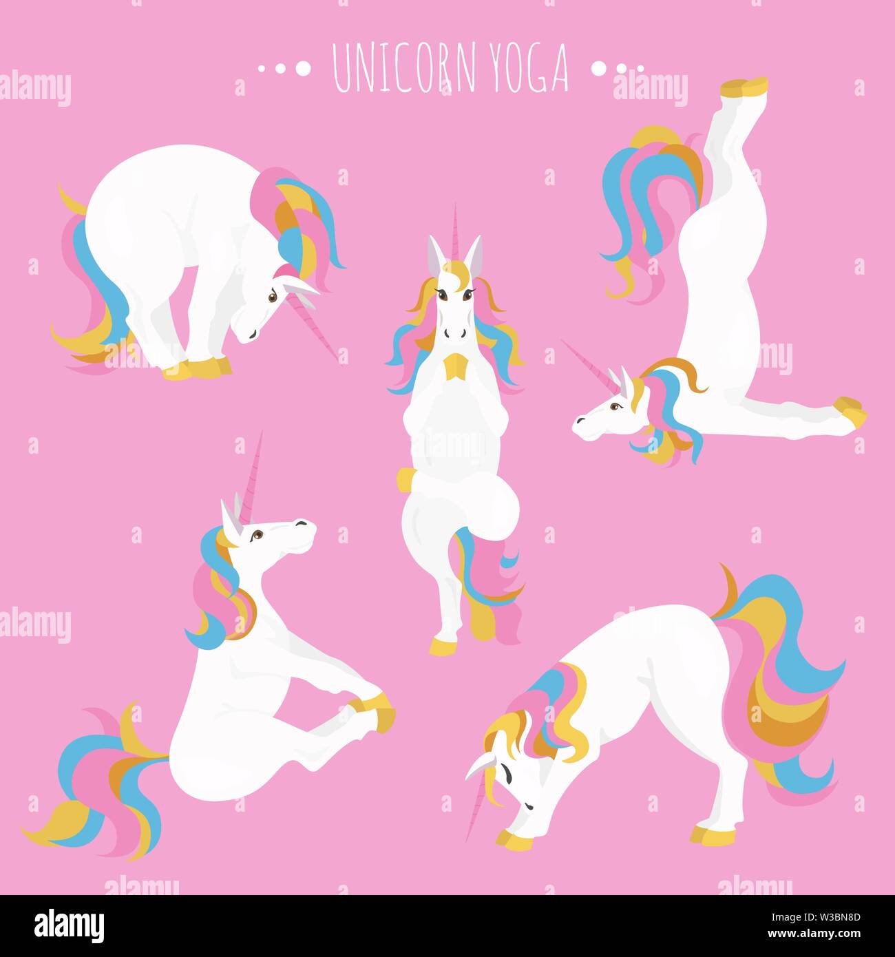 White unicorn yoga poses and exercises. Cute cartoon clipart set ...