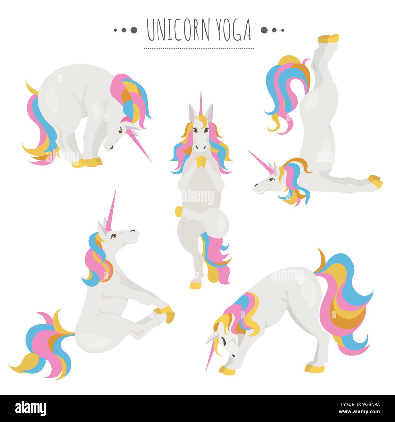 White unicorn yoga poses and exercises. Cute cartoon clipart set ...