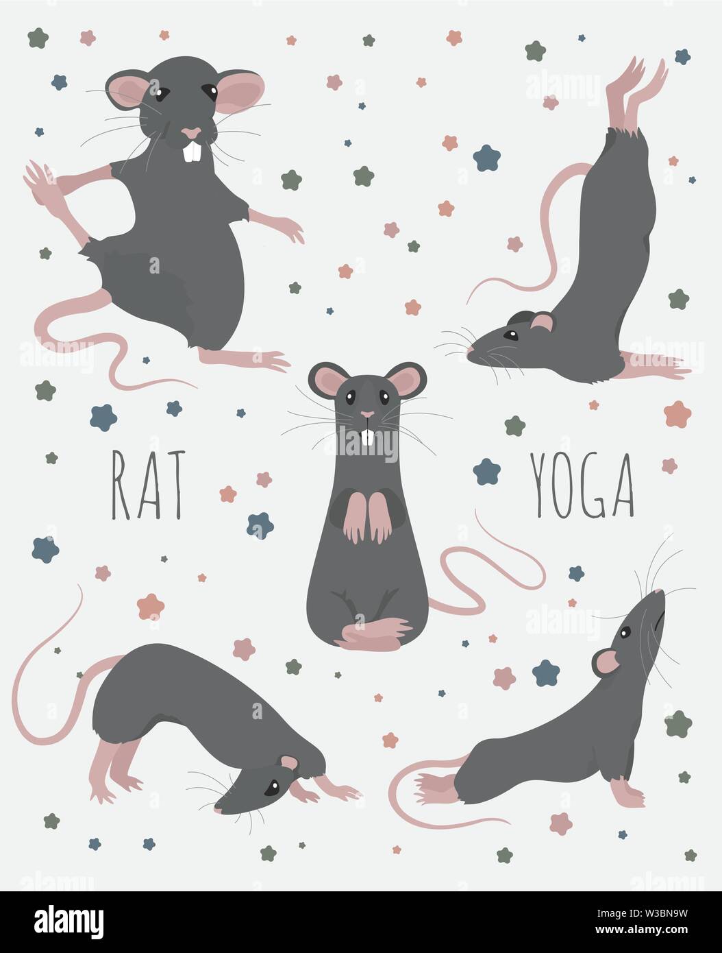 Rat yoga poses and exercises. Cute cartoon clipart set. Vector ...
