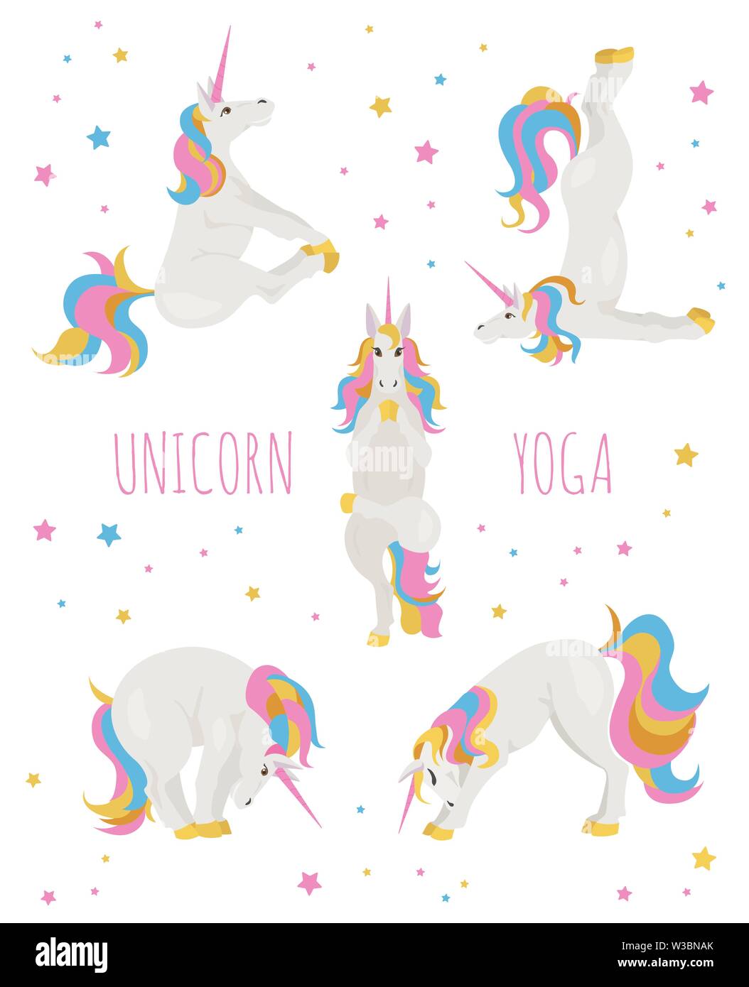 White unicorn yoga poses and exercises. Cute cartoon clipart set ...