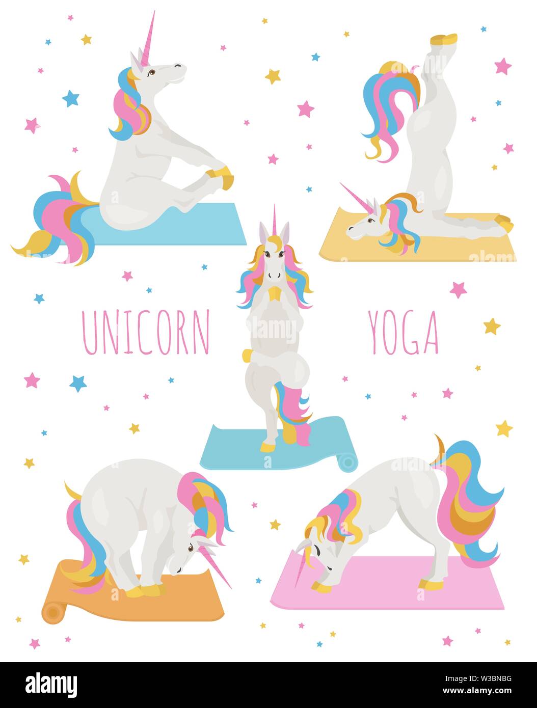 White unicorn yoga poses and exercises. Cute cartoon clipart set ...