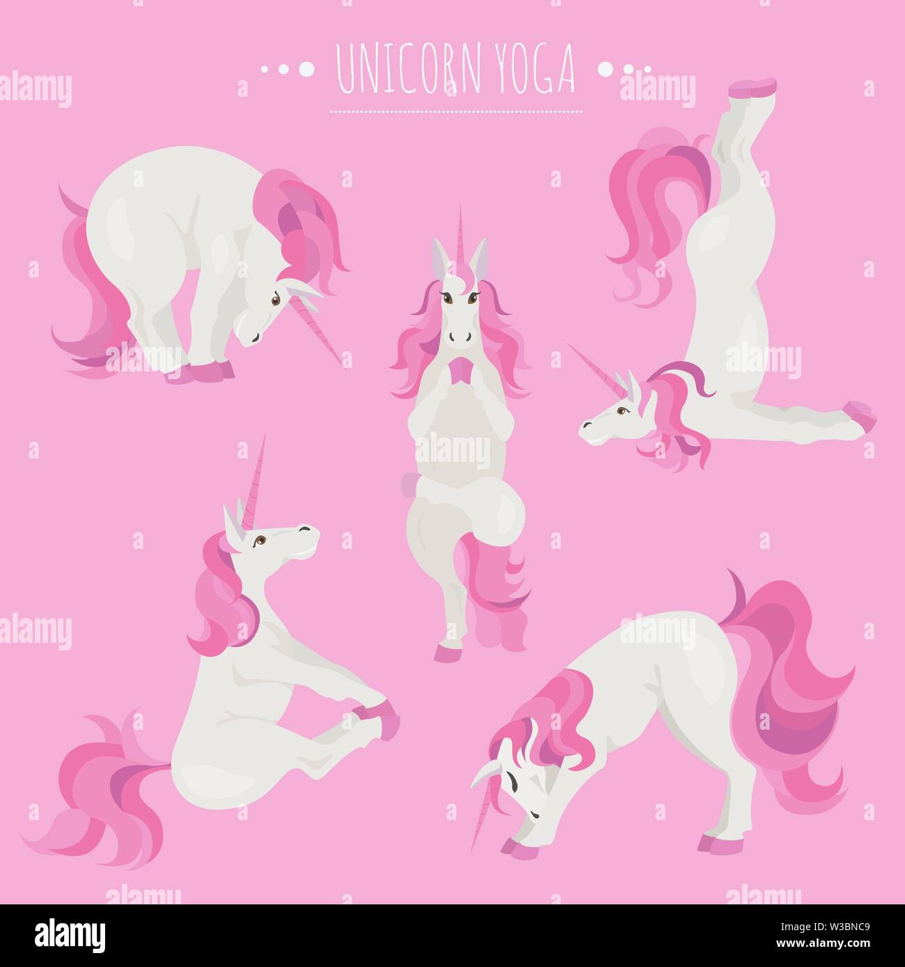 White unicorn yoga poses and exercises. Cute cartoon clipart set ...
