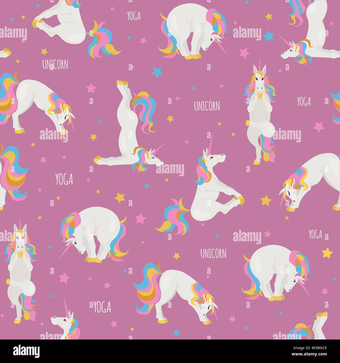 White unicorn yoga poses and exercises. Cute cartoon seamless pattern ...