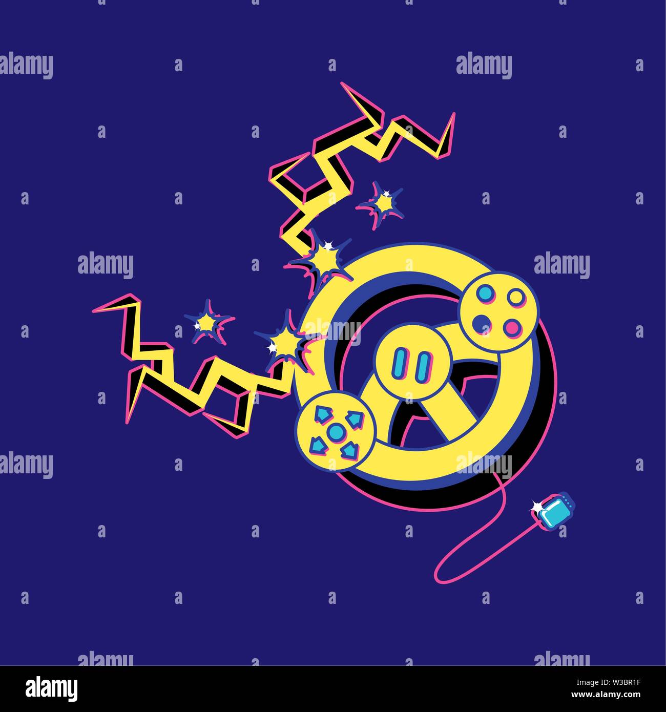 video game car wheel control with electric rays vector illustration ...