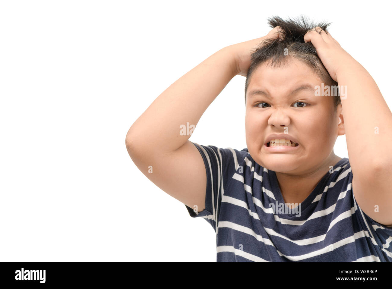 Obese boy itchy his head stress face headache isolated on white ...