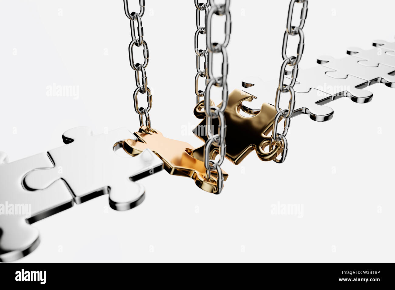 Metal chrome jigsaw puzzle successful bridge connection with chain over ...