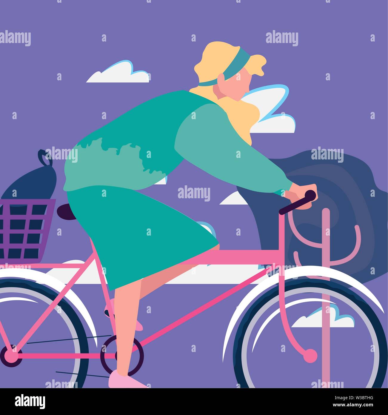 woman riding bicycle activity tree sky landscape vector illustration ...