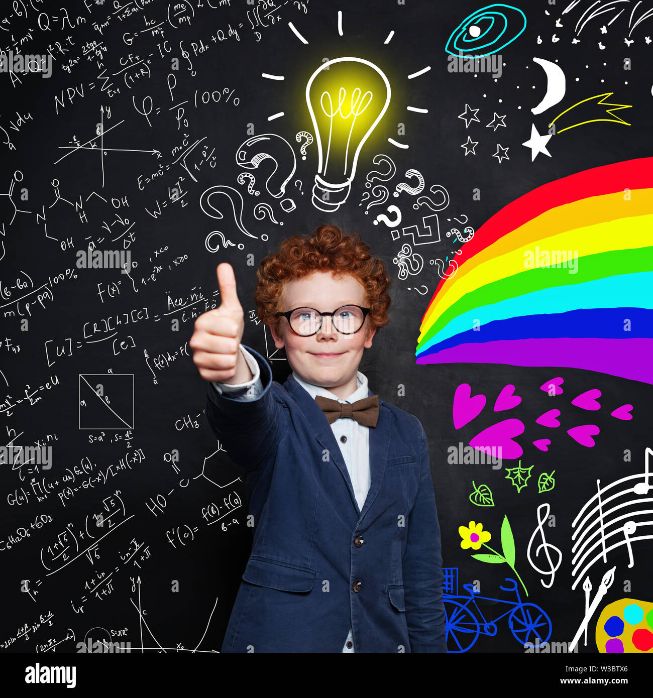 Brainstorming concept. Smart kid boy in suit and glasses with idea ...