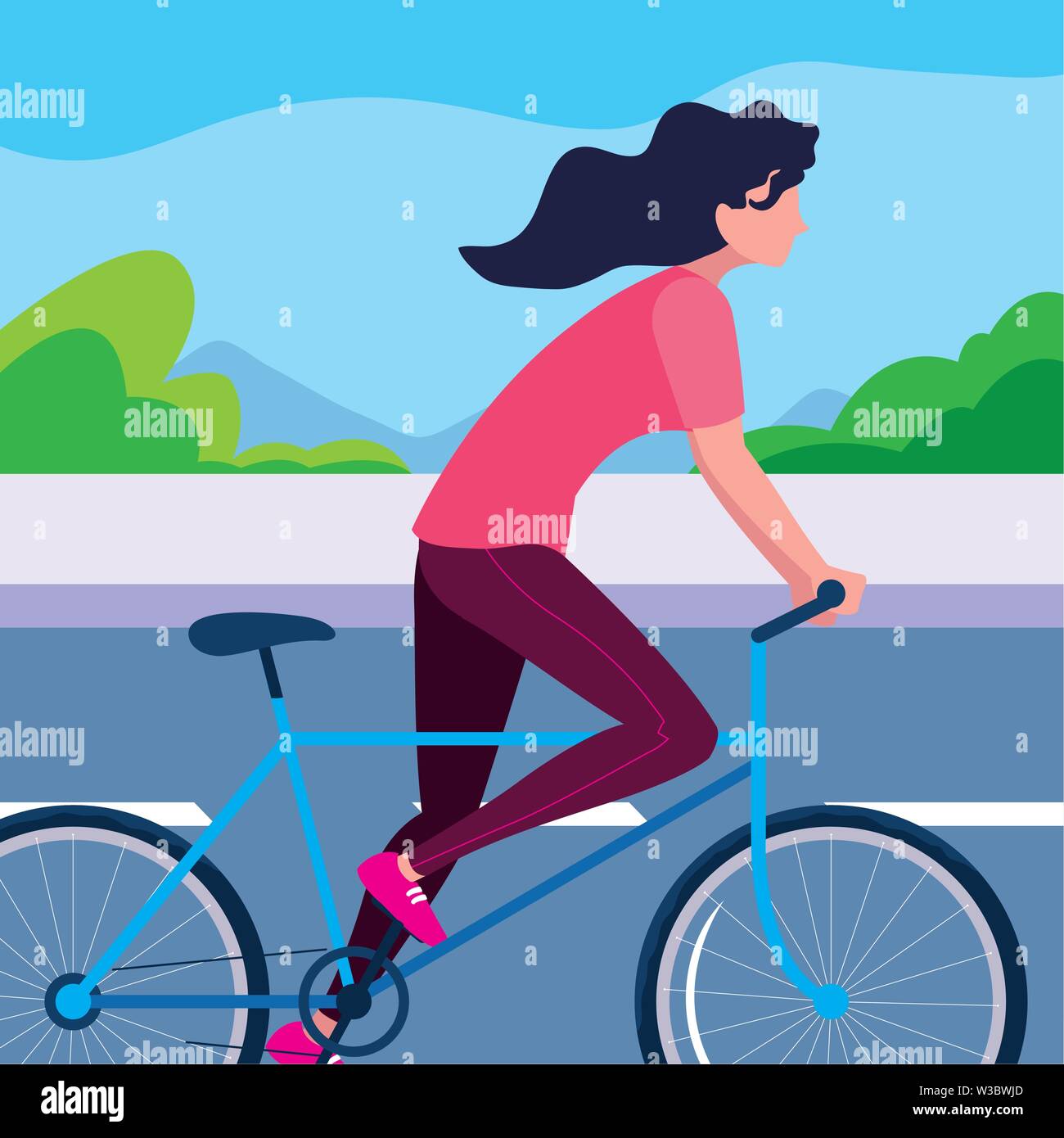 woman riding bicycle activity road bushes vector illustration Stock ...