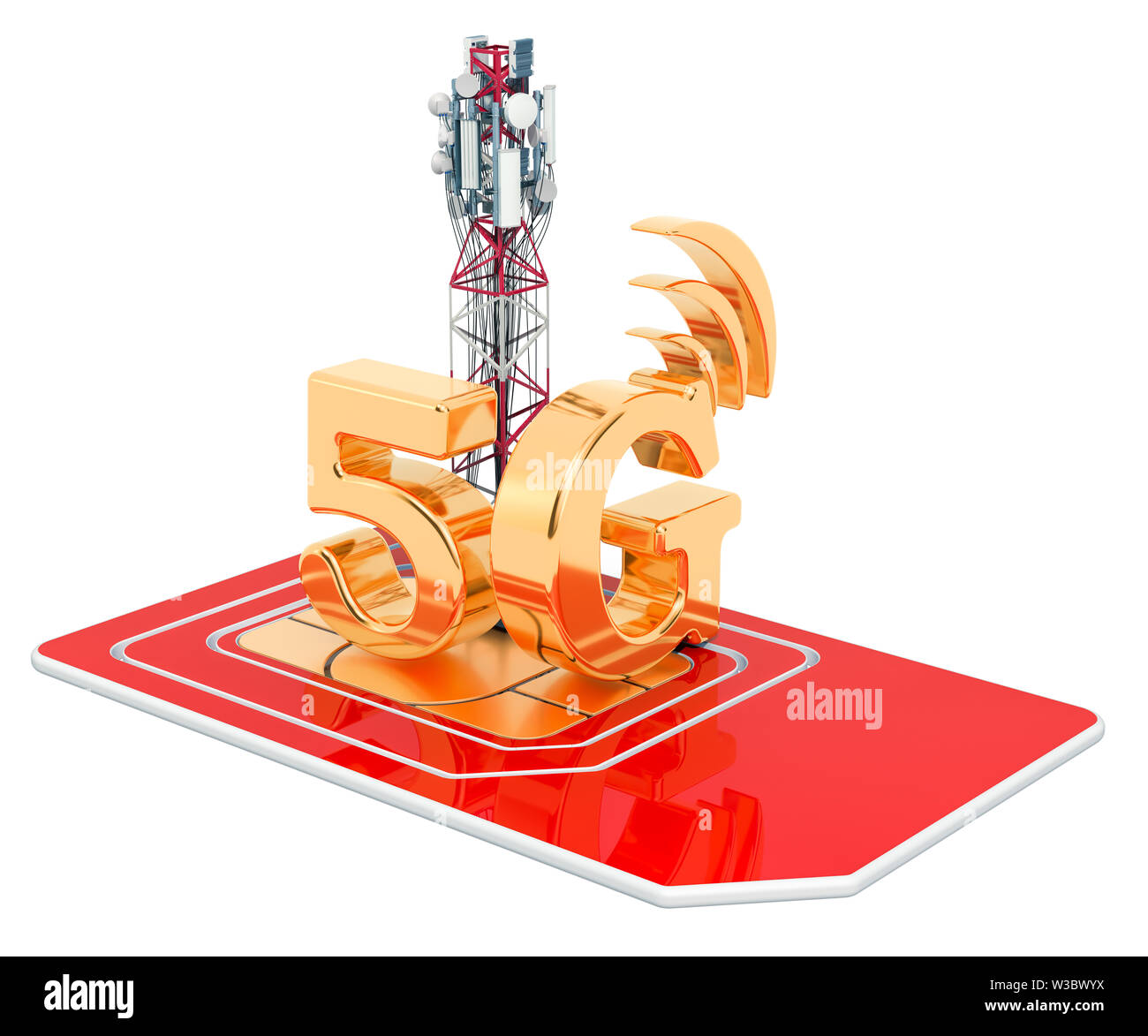 Sim card with mobile tower, 5G concept. 3D rendering isolated on white ...