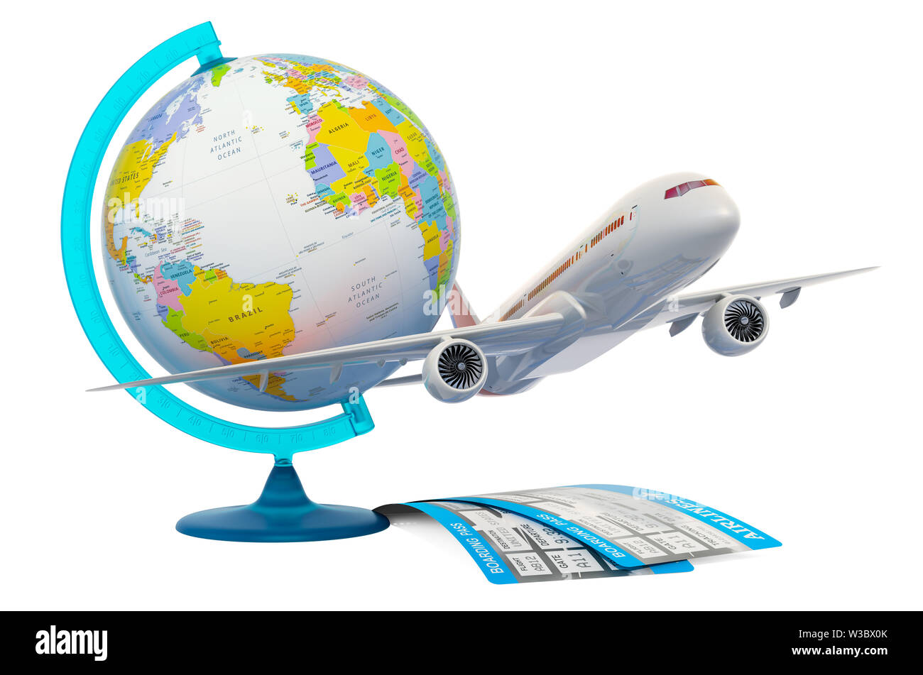 Global Air Travel concept. Airplane with tickets and geographical globe ...