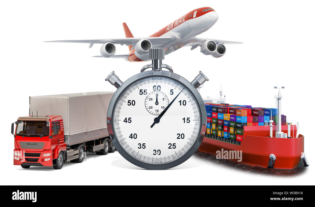 Fast delivery concept. Chronometer with truck, airplane and cargo ship ...