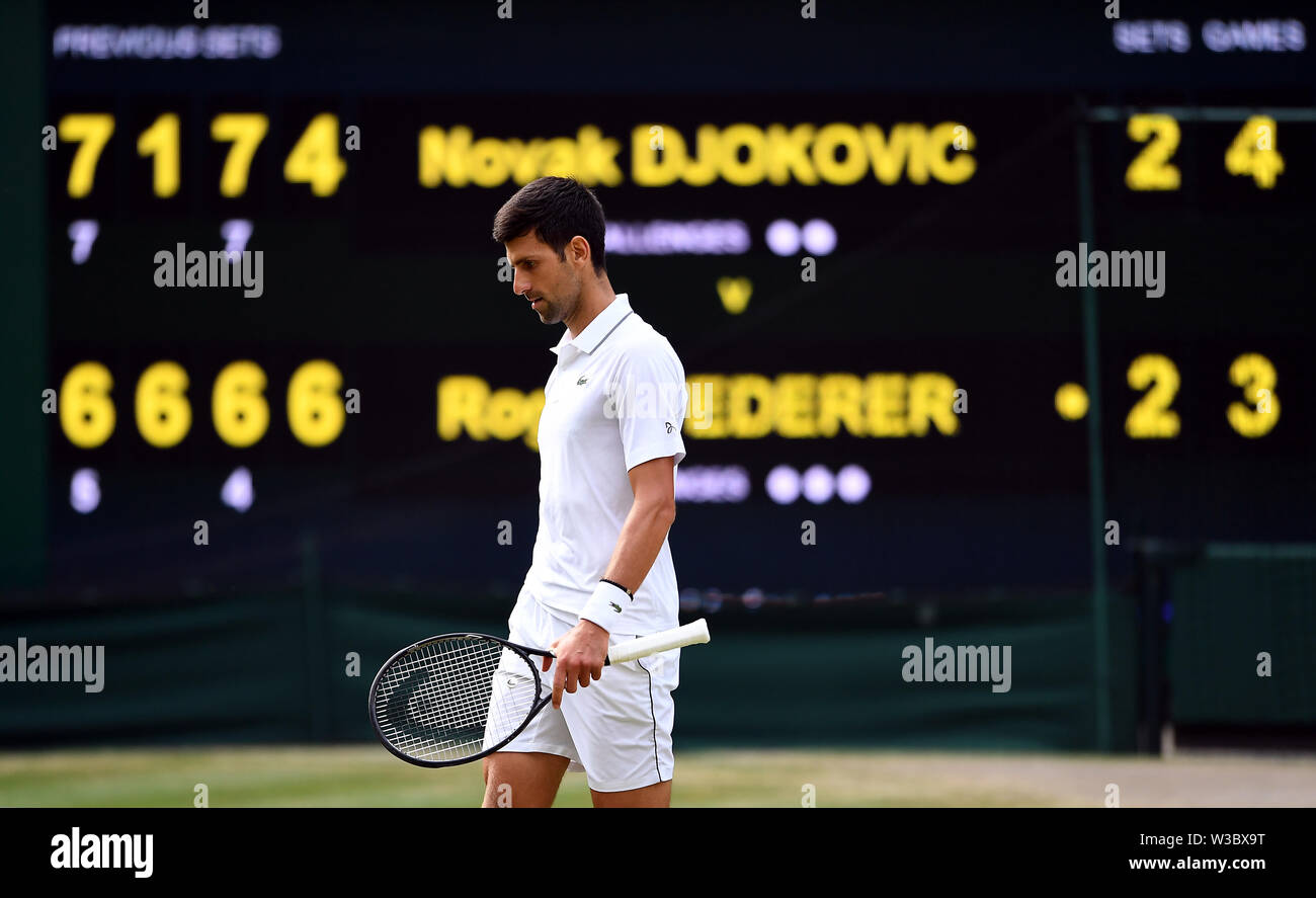 Novak Djokovic after losing a game on his serve in the fifth set during ...