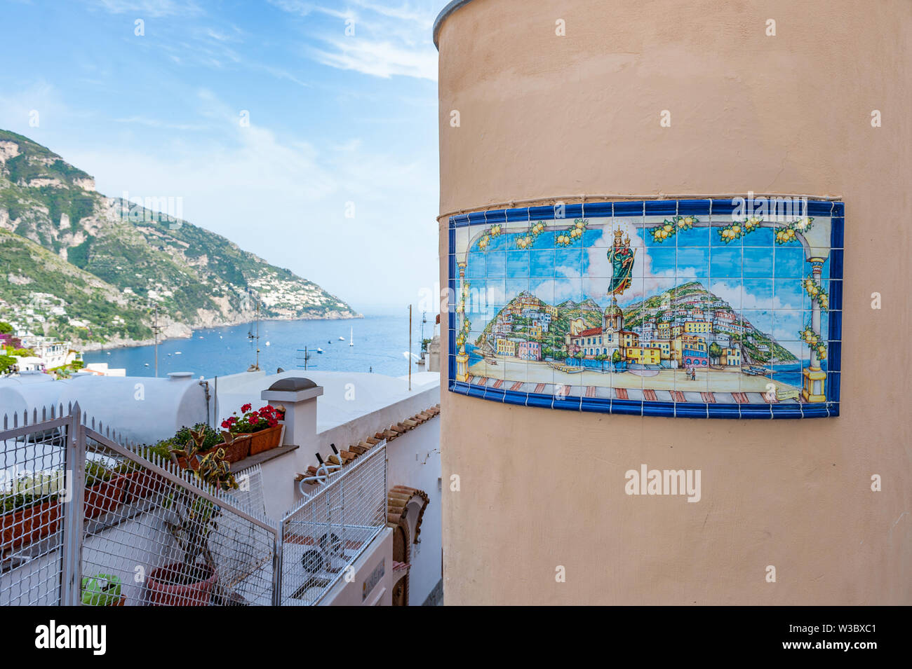 Positano: tiles panel with artwork of Madonna di Positano Stock Photo ...