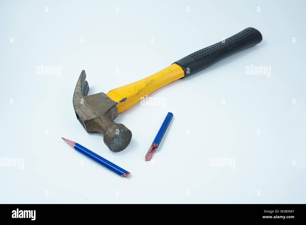 Old hammer break usb, egg, pencil isolated on white background series ...