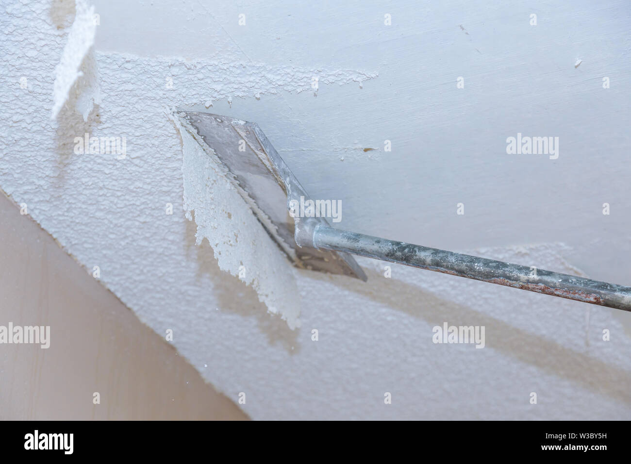 Home ceiling drywall demolition popcorn ceiling texture unfinished ...