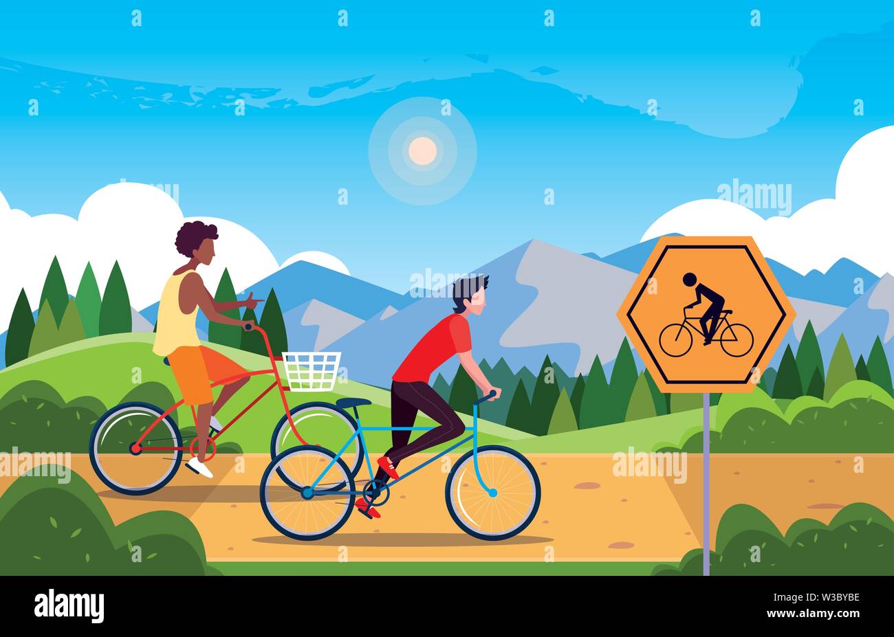 men riding bicycle activity landscape nature vector illustration Stock ...