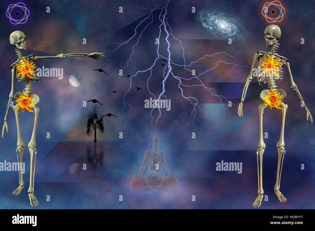 Spiritual composition with skeletons, atom model. Men figure in lotus ...