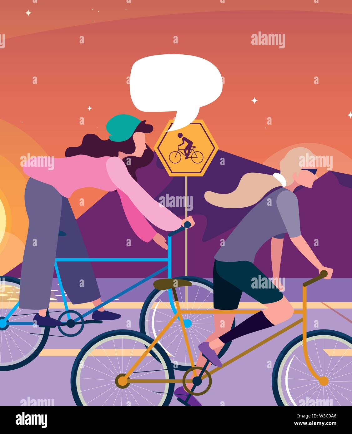 women talk bubble riding bicycle activity road mountains sunset vector ...