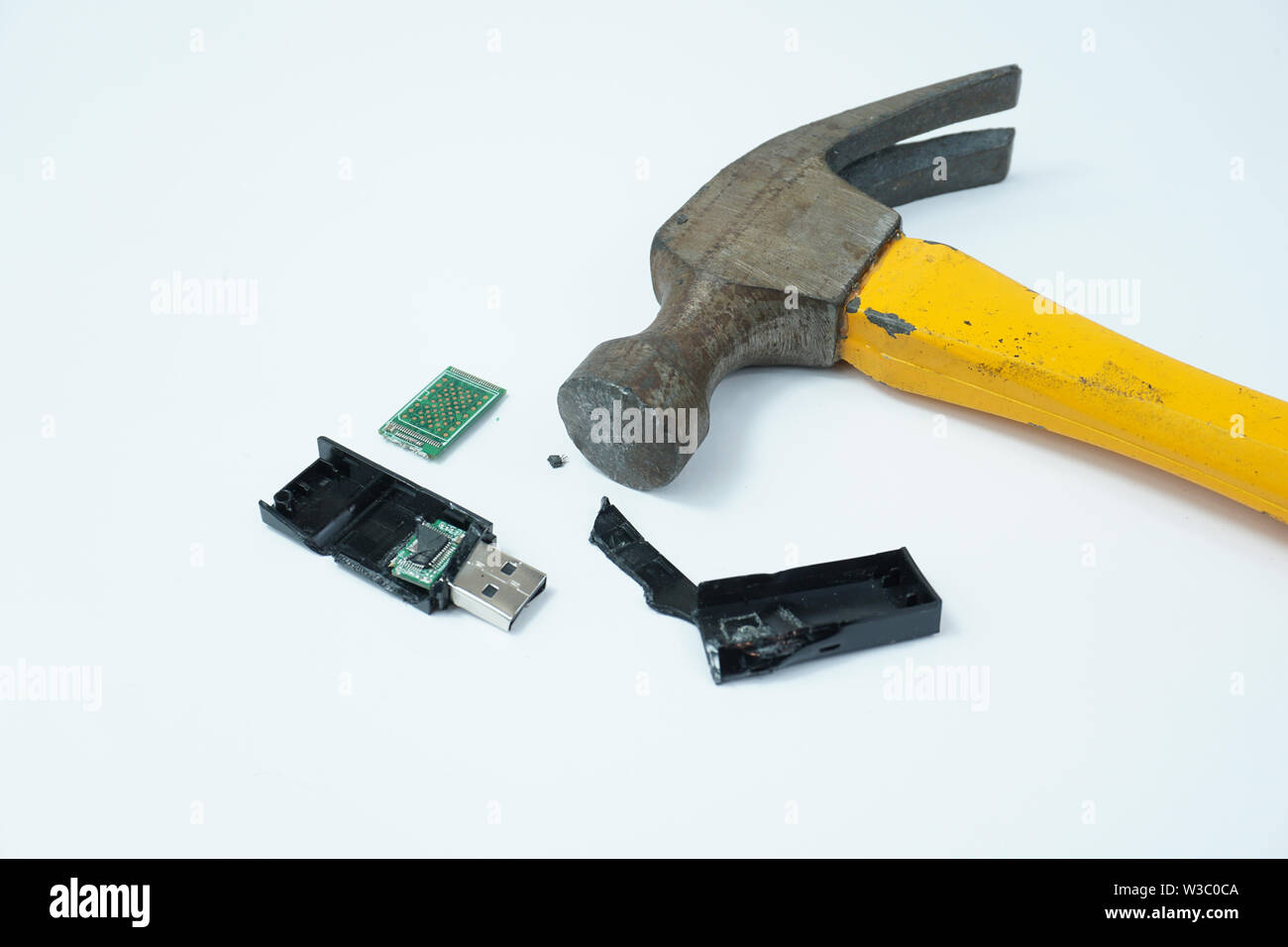 Old hammer break usb, egg, pencil isolated on white background series ...