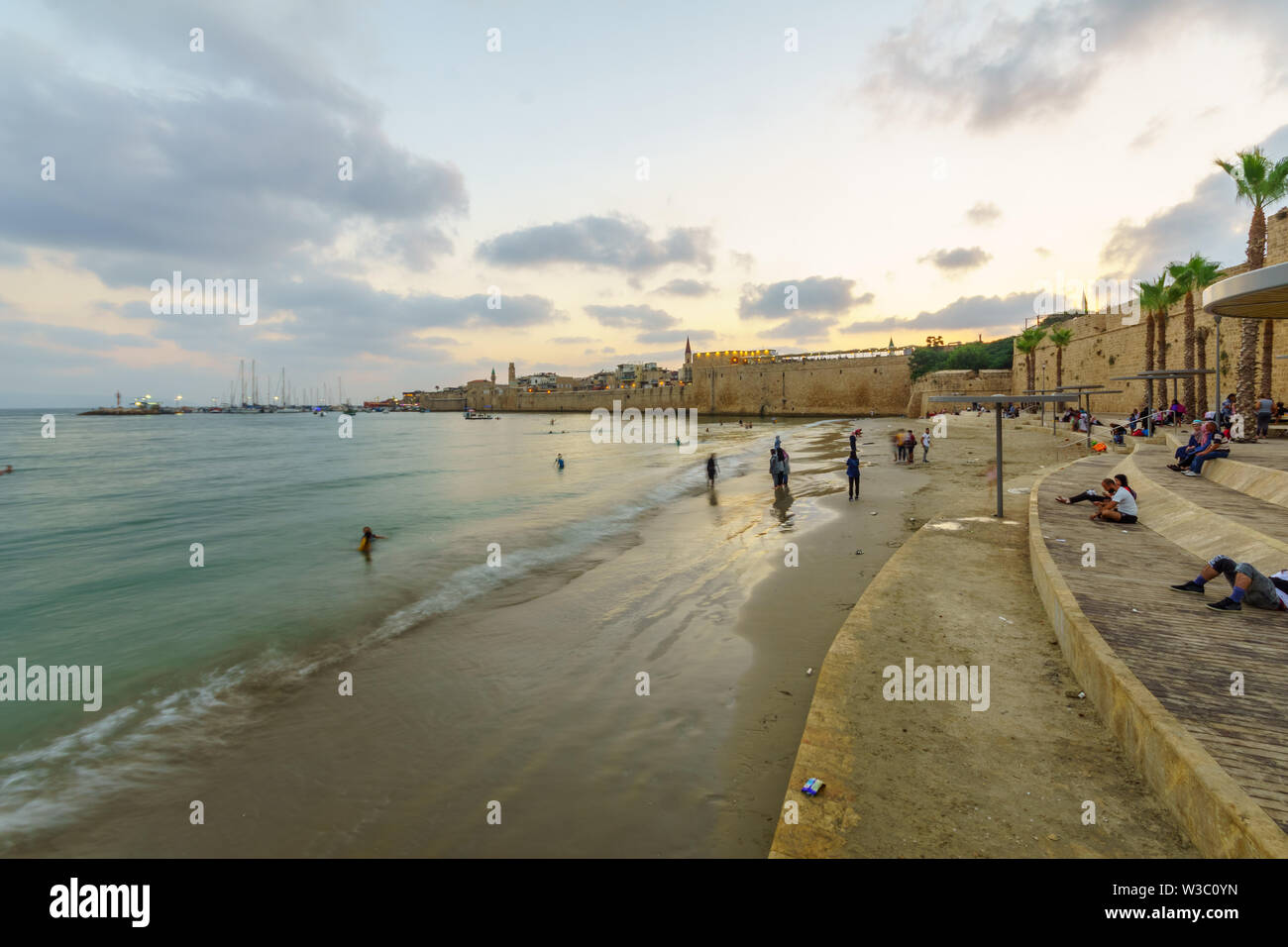 Acre, Israel - July 08, 2019: Sunset view of the Horses beach, the sea ...