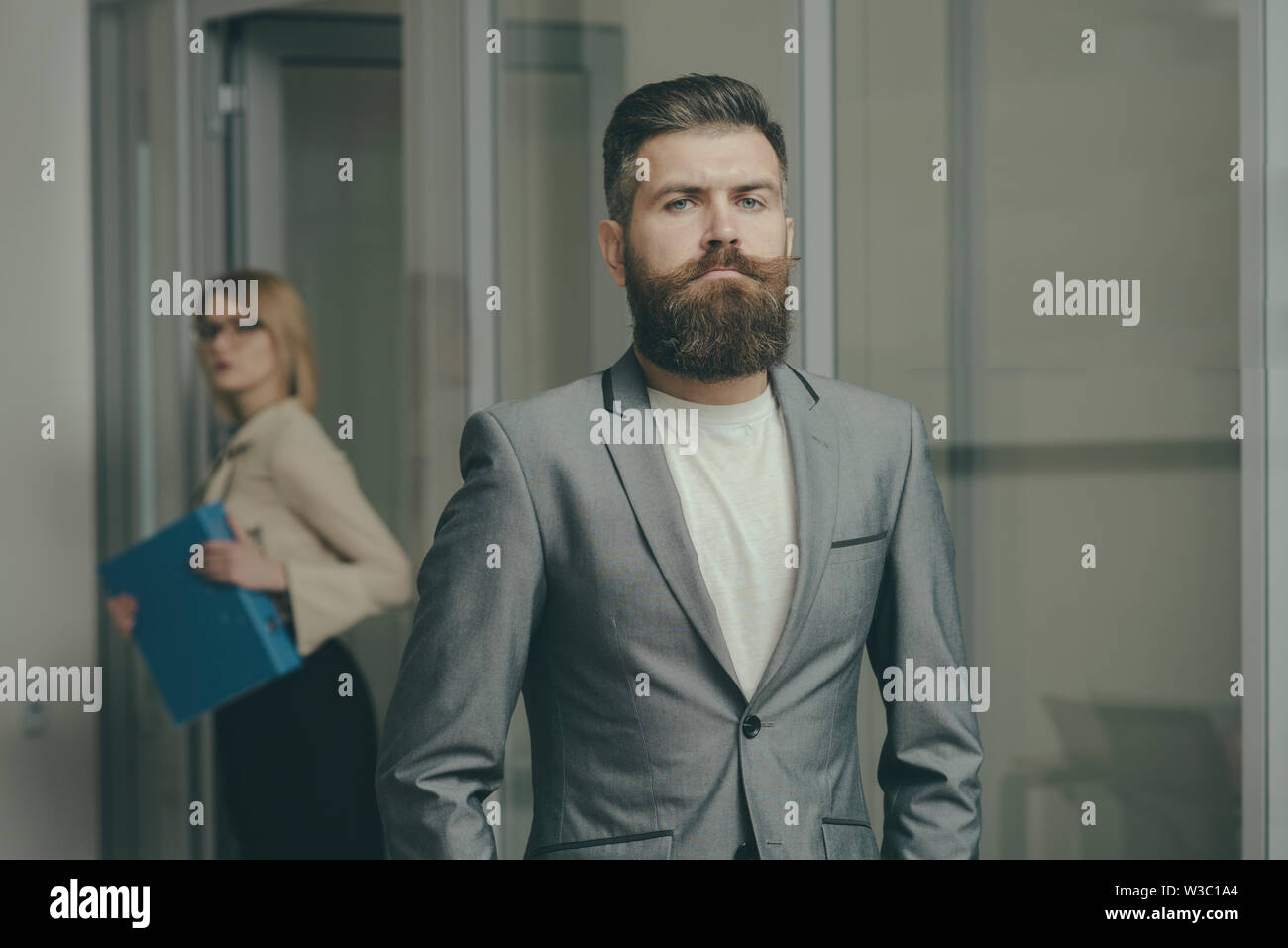 Bearded man in formal suit in office. Man with beard and mustache on ...