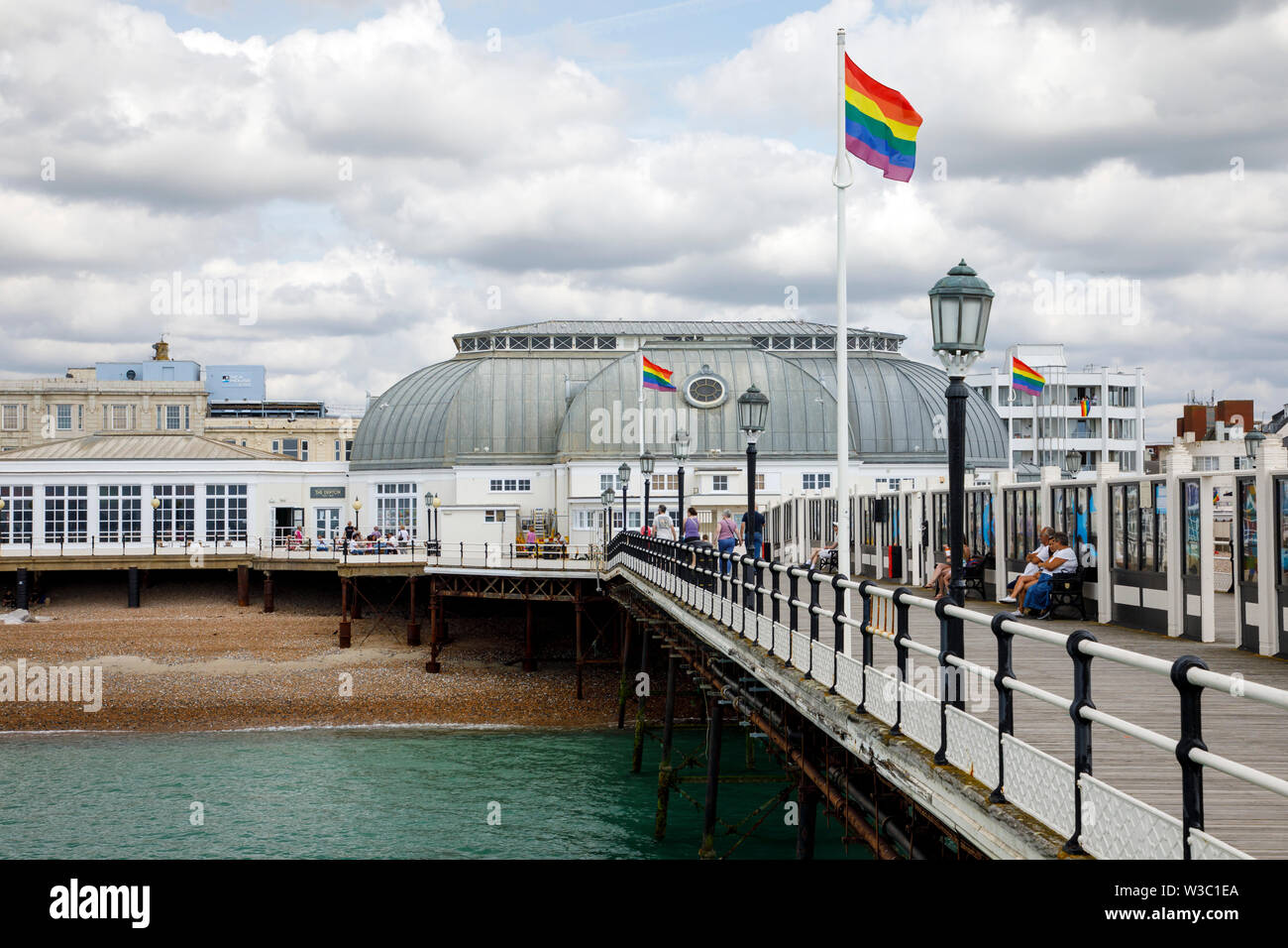 WORTHING, UK - JULY 13, 2019: Worthing pier gets decorated with rainbow ...