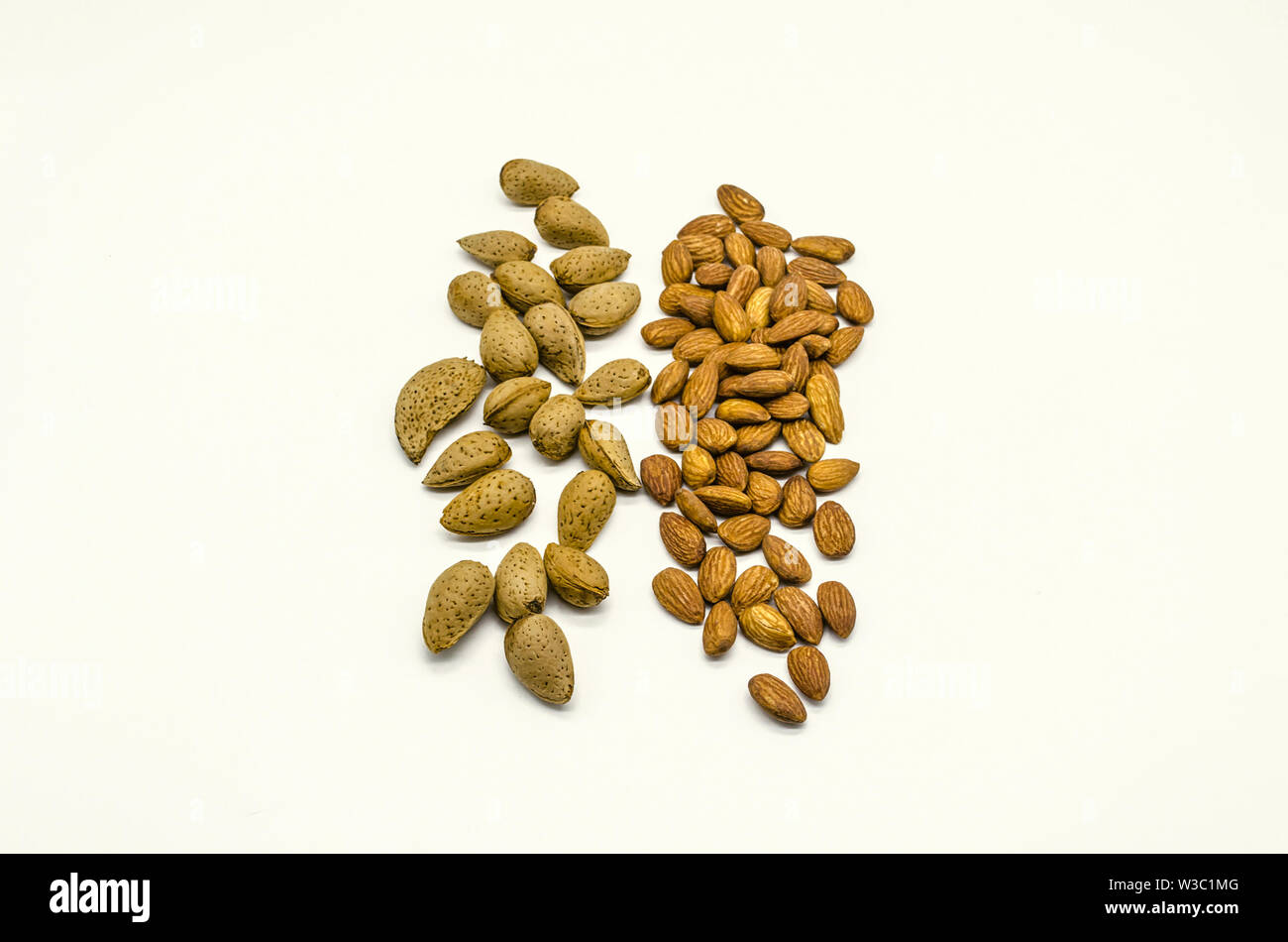 Rows of edible almonds from untreated seeds in the shell and processed ...