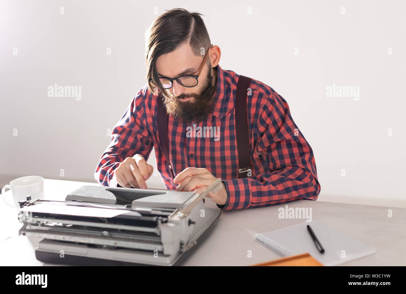 People and technology concept - Portrait of writer working on ...