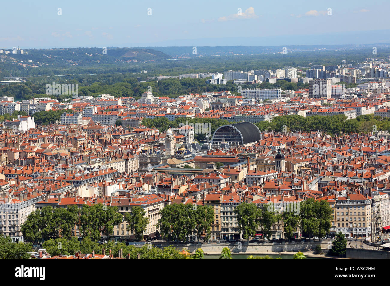 Panoramic view with many houses and buildings of Lyon city in France ...