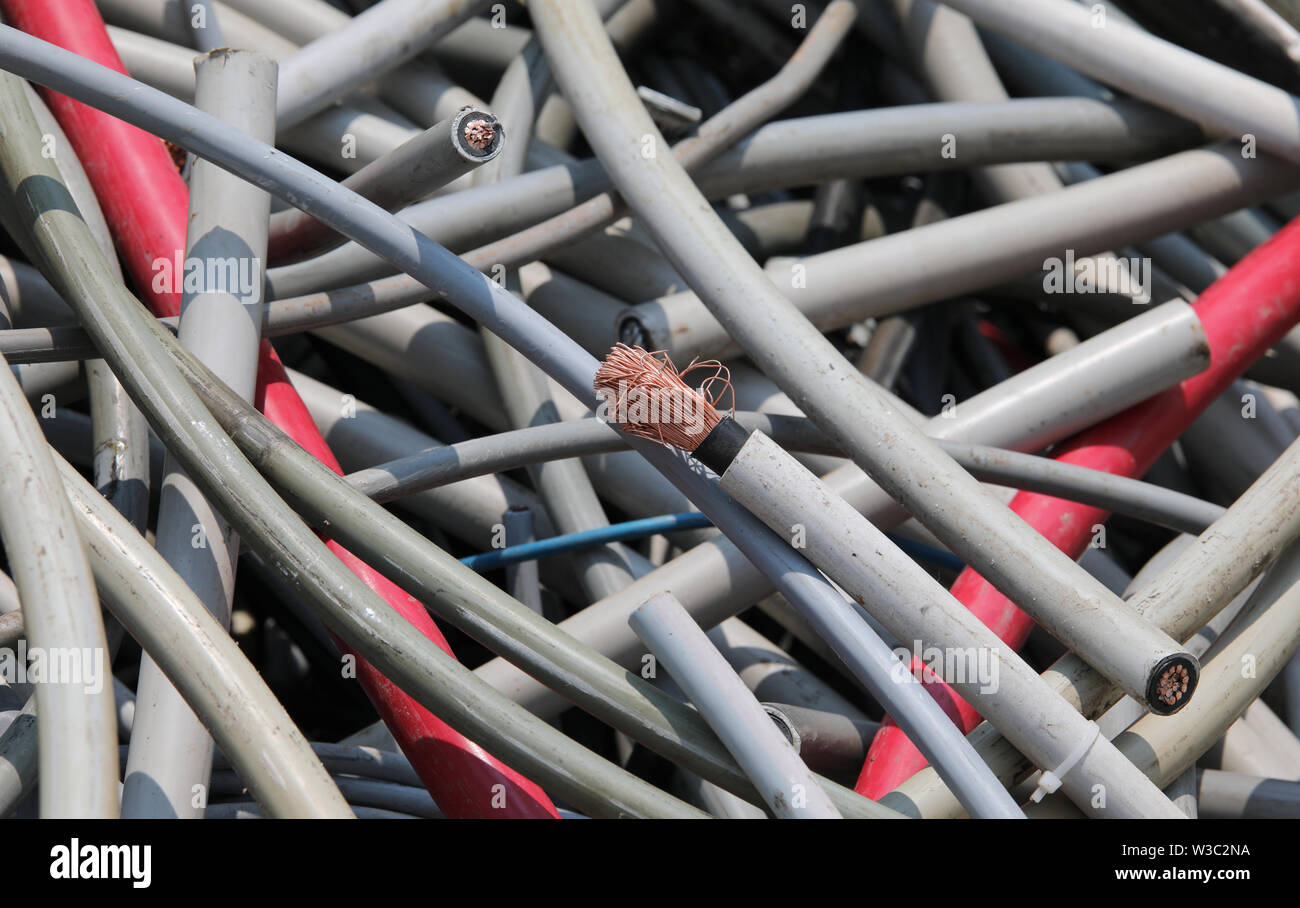 tangle of many electric cables in the landfill for the recovery of the ...