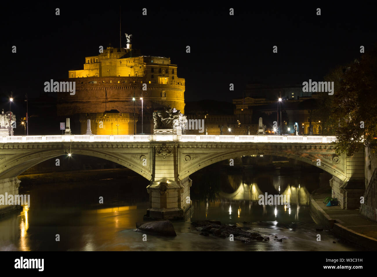 Night scene of Rome, Tevere river and Mausoleum of Hadrian. Italian ...