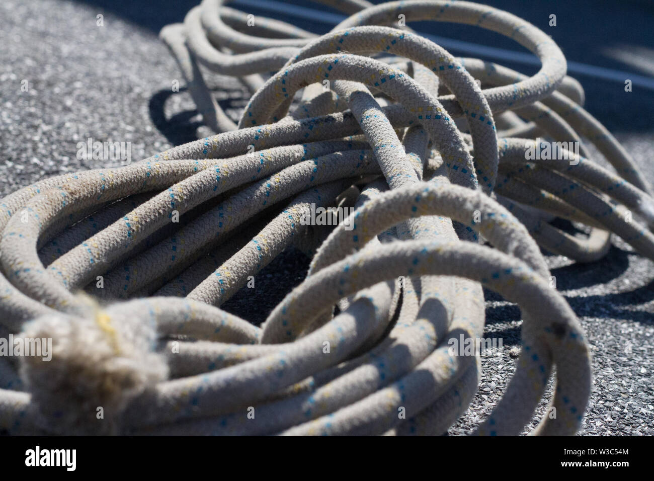 Closeup system of ropes and carbines mounted on the roof for the ...