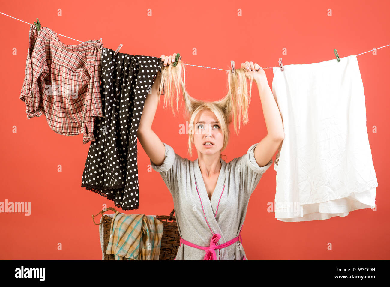 stressed retro housewife. Maid or housewife cares about house. Vintage ...